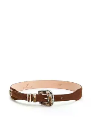 SILVER OSTRICH Buckled Leather Belt - Brown