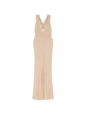 HERVE L. LEROUX Plunge-neck Ruched Gown - Neutrals