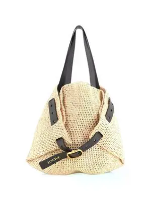 Loewe Punch Hole Raffia With Leather Medium Tote Bag - Neutrals