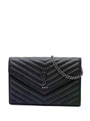 Saint Laurent Chevron Studded Sheepskin Monogram Envelope Chain Wallet Cross Body Bag - Black