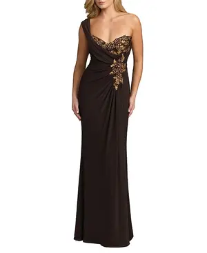 Mac Duggal One Shoulder Embellished Jersey Gown - Chocolate