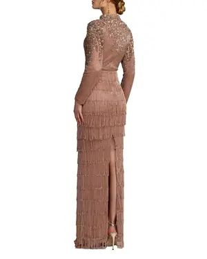 Mac Duggal Beaded Long Sleeve Fringe Column Gown