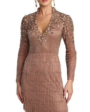 Mac Duggal Beaded Long Sleeve Fringe Column Gown