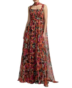 Mac Duggal Printed Chiffon Sleeveless A-line Gown With Scarf - Rose