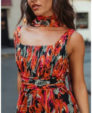 Mac Duggal Printed Chiffon Sleeveless A-line Gown With Scarf - Rose