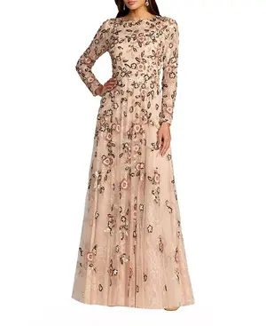 Mac Duggal Embellished Lace Floral Long Sleeve A-line Gown - Rose Multi