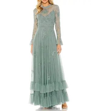 Mac Duggal Embellished Long Sleeve Ruffle Gown