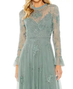 Mac Duggal Embellished Long Sleeve Ruffle Gown