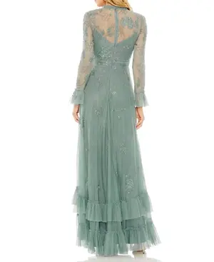 Mac Duggal Embellished Long Sleeve Ruffle Gown
