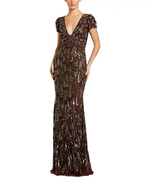 Mac Duggal Beaded Sequin V-neck Cap Sleeve Fitted Column Gown
