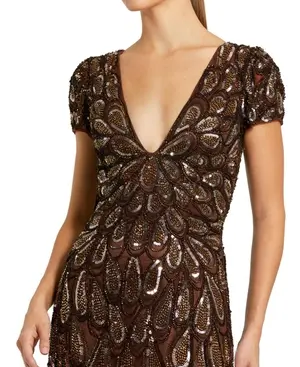 Mac Duggal Beaded Sequin V-neck Cap Sleeve Fitted Column Gown