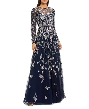 Mac Duggal Long Sleeve Mesh Gown With Beaded Floral Applique