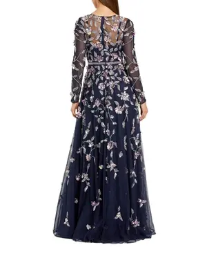 Mac Duggal Long Sleeve Mesh Gown With Beaded Floral Applique