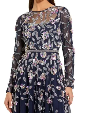Mac Duggal Long Sleeve Mesh Gown With Beaded Floral Applique