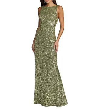 Mac Duggal Petite High Neck Sleeveless Open Back Sequin Column Gown - Sage