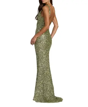 Mac Duggal Petite High Neck Sleeveless Open Back Sequin Column Gown - Sage
