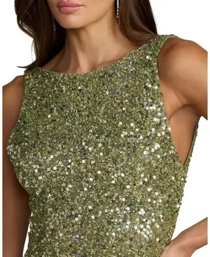 Mac Duggal Petite High Neck Sleeveless Open Back Sequin Column Gown - Sage