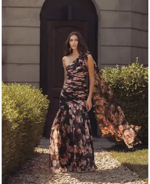 Mac Duggal One Shoulder Floral Printed Chiffon Gown
