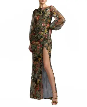 Mac Duggal Floral Sequined Puff Sleeve Gown