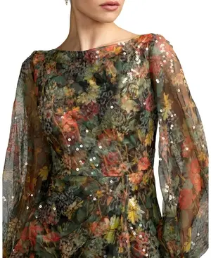 Mac Duggal Floral Sequined Puff Sleeve Gown