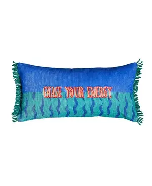 ZSA ZSA ZSU Ghuni Fringed Embroidered Cotton Cushion, 19.69 X 9.84 - Blue