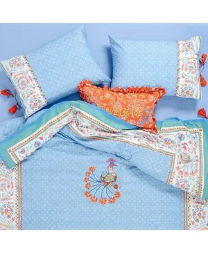 ZSA ZSA ZSU Sansad 200 Tc Tasseled Handmade Embroidered Cotton Duvet Cover Full Set, 87 X 79 - Blue