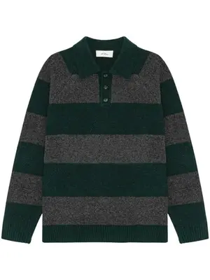 LES DEUX Striped Melange Knitted Polo - Green