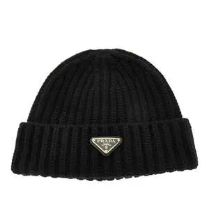Prada Knitted Beanie With Triangle Logo - Black