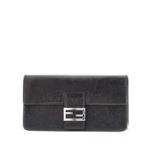 Fendi Craquelé-effect Leather Baguette Clutch With Double Strap - Black