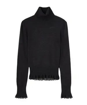 GANNI Lace Trim Merino Wool Turtleneck Sweater - Phantom Black
