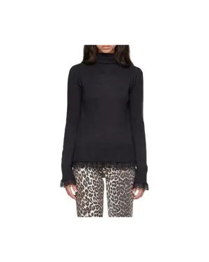 GANNI Lace Trim Merino Wool Turtleneck Sweater - Phantom Black