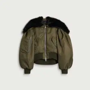 Simone Rocha Cropped Split Faux Fur Hood Bomber Jacket - Khaki/black