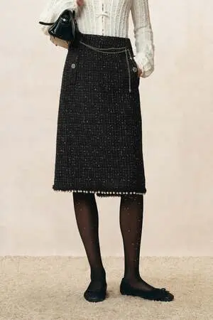 Fabrique Catherine Pearl Embellished Tweed Straight Skirt