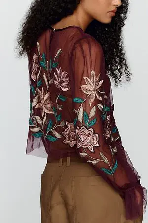 Anthropologie Embroidered Mesh Blouse