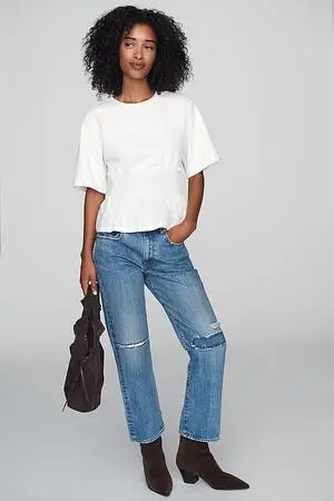DOLAN LEFT COAST 100% Cotton Smocked Peplum Tee - White