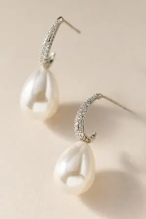 ADINA EDEN Pave Teardrop Pearl Hoop Earrings - Silver