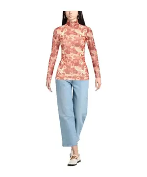 GANNI Floral Print Long Sleeve Turtleneck Top - Pink