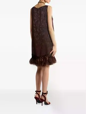 Etro Paisley-jacquard Dress With Feather Trim - Brown