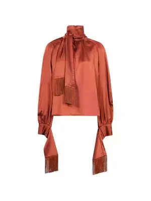 ROWEN ROSE Fringe-trimmed Tie-neck Blouse - Orange