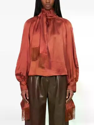ROWEN ROSE Fringe-trimmed Tie-neck Blouse