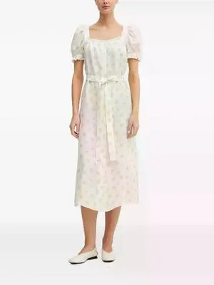 Sleeper Brigitte Daisy-print Belted Linen Midi Dress