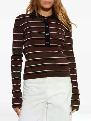 GANNI Striped Merino Wool Polo Shirt - Brown