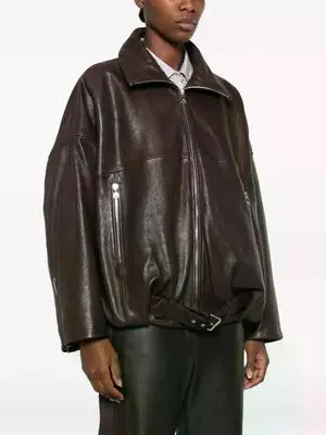 EMMETI Belted Oversized Leather Jacket - Brown