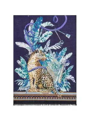FERRAGAMO Feline-print Pure-wool Stole - Blue