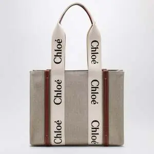 Chloé Woody Medium Bag In Beige Canvas - White