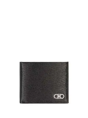 FERRAGAMO Hammered Leather Metal Gancini Bi-fold Wallet - Black