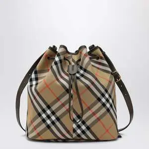 Burberry Bucket Bag In Beige Cotton Twill With Check Pattern