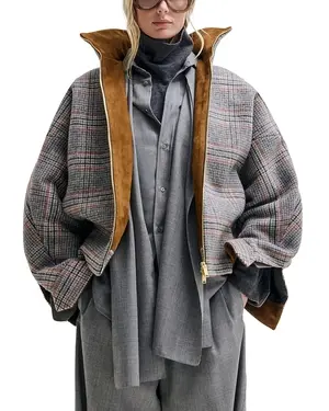DARKPARK Check Print Wool-blend Aviator Bomber Jacket - Grey/red