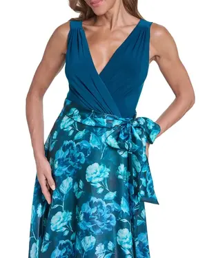 Eliza J Crossover Neck Tie Waist Mixed Media Gown
