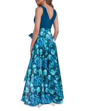 Eliza J Crossover Neck Tie Waist Mixed Media Gown